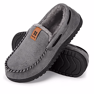HomeTop Men's Moccasin Slippers Soft Faux Suede Plush Warm Lining Memory Foam Indoor House Shoes with Anti-Skid Sole (9, Grey)