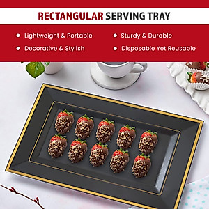 Hard Plastic Serving Tray Set, Black & Gold Rim Disposable Serving Trays & Platters for Food, Large Plastic Trays for Parties, Weddings, Food Trays for Cookies, Dessert, 8" x 13", 4 Pack