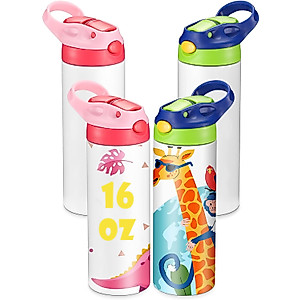 OFFNOVA 16oz Kids Sublimation Tumbler, Kids Sublimation Water Bottle Blank with Handle, Children Sublimation tumblers Cups for Milk, Soda, Juice, Drinks (4 Pack)