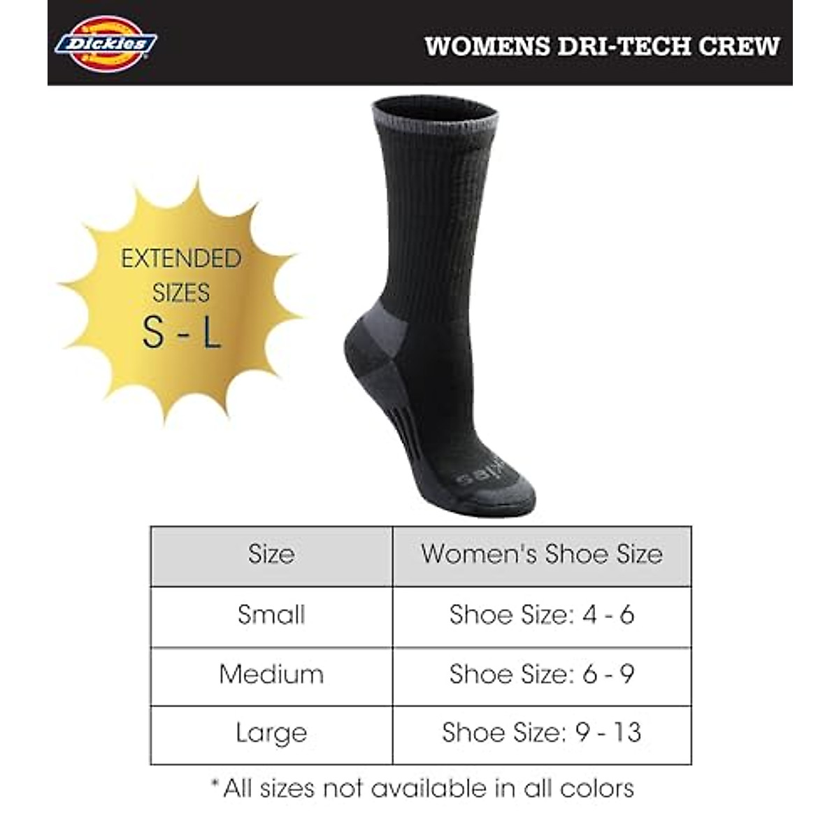 Dickies Women's Dritech Advanced Moisture Wicking Crew Socks (6/12 Pairs), Black Assorted (12 Pairs), Shoe Size: 4-6