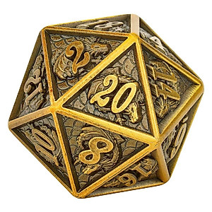 HYMGHO Polyhedral Metal DND Dice Set with Metal Box, 7-die Engraved Dragon Design with Dragon Scales RPG dice, Dungeons and Dragons Pathfinder Shadowrun D&D Role Palying Game(Ancient Gold)
