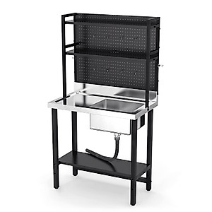 VINGLI 67" Commercial Sink with Drainboard and Adjustable Shelves and Pegboard for Hanging Tools, 304 Stainless Steel Table with Sink Freestanding Utility Sink and Counter for Restaurant, Garage