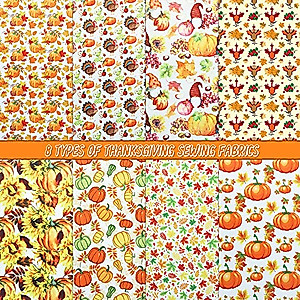 Pack of 8 Thanksgiving Fat Squares Fabric Sheets Bundles, 20" x 20", Assorted Fall Autumn Harvest Theme Patterns Include Maple Pumpkin Turkey Sunflower for Party Supplies Decor DIY Sewing Quilting