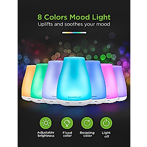 InnoGear Essential Oil Diffuser, Upgraded Diffusers for Essential Oils Aromatherapy Diffuser Cool Mist Humidifier with 7 Colors Lights 2 Mist Mode Waterless Auto Off for Home Office Room, Basic White