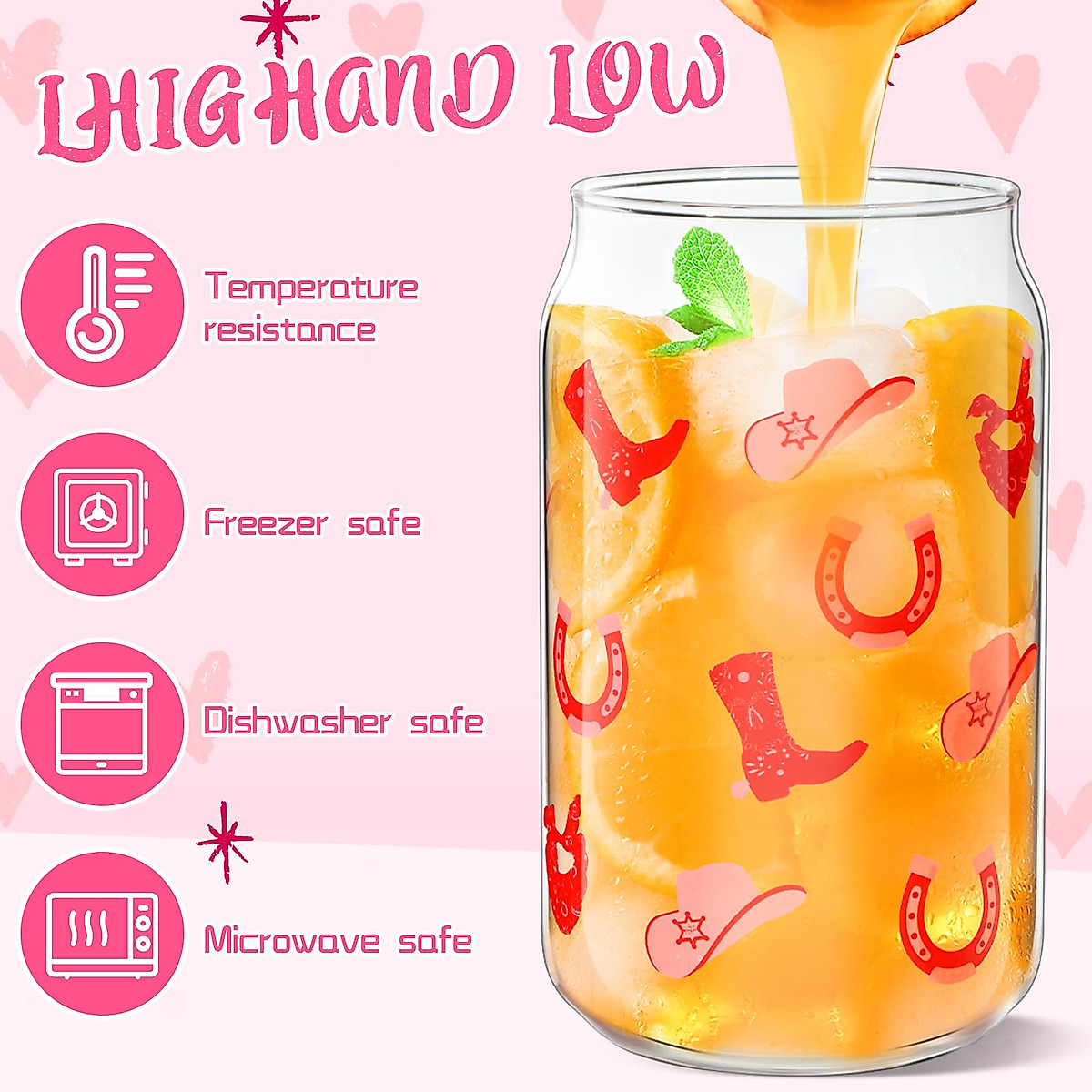 Yaomiao 4 Sets Glass Cups with Bamboo Lids and Straws, 16 oz Drinking Beer Can Iced Coffee Cup with Lid Straw and Cleaning Brush Reusable Tumbler Drinking Glass Coffee Gift Idea (Cowgirl)