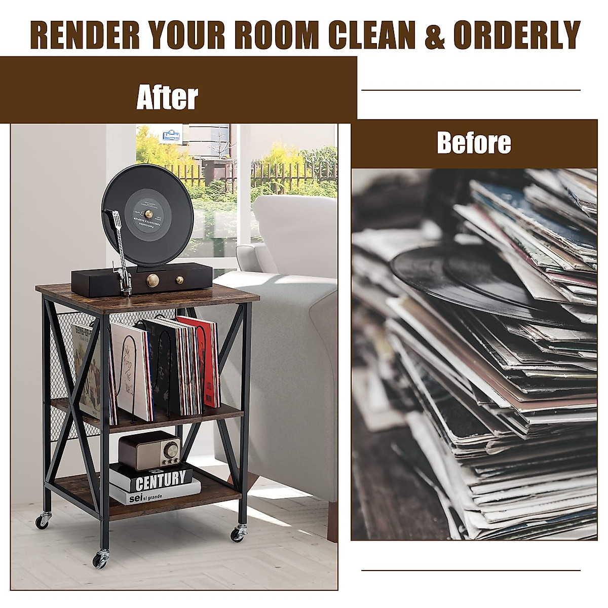 GOFLAME Record Player Stand, 3-Tier Rolling Vinyl Record Storage Holder Stand with 3 Dividers, Turntable Stand with Universal Wheels and Lockable Casters for Living Room, Bedroom, Office, Brown