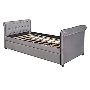 TARTOP Twin Daybed Upholstered Daybed with Trundle, Twin Size Sofa Bed Wood Bed Frame for Kids/Teens/Girls/Boys,Gray