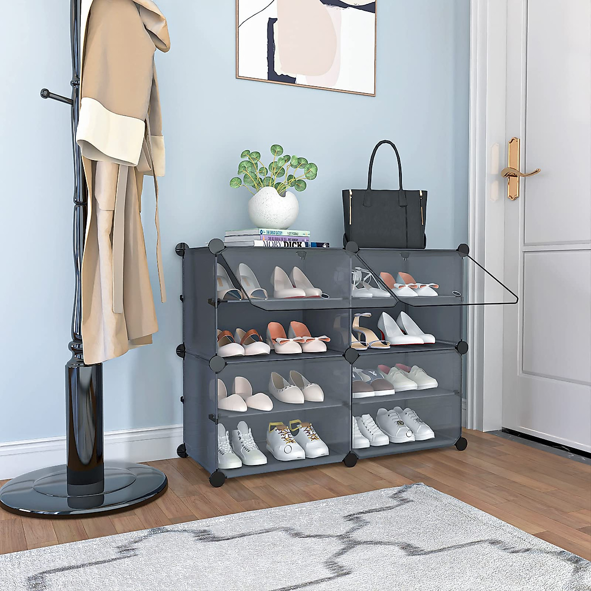 Shoe Rack Organizer, 4 Cube 8 Tier Covered Shoe Rack Cabinet 16 Pair Freestanding DIY Storage Shelves Plastic Shoe Rack for Closet Entryway Hallway Bedroom or Garage, Dark Grey