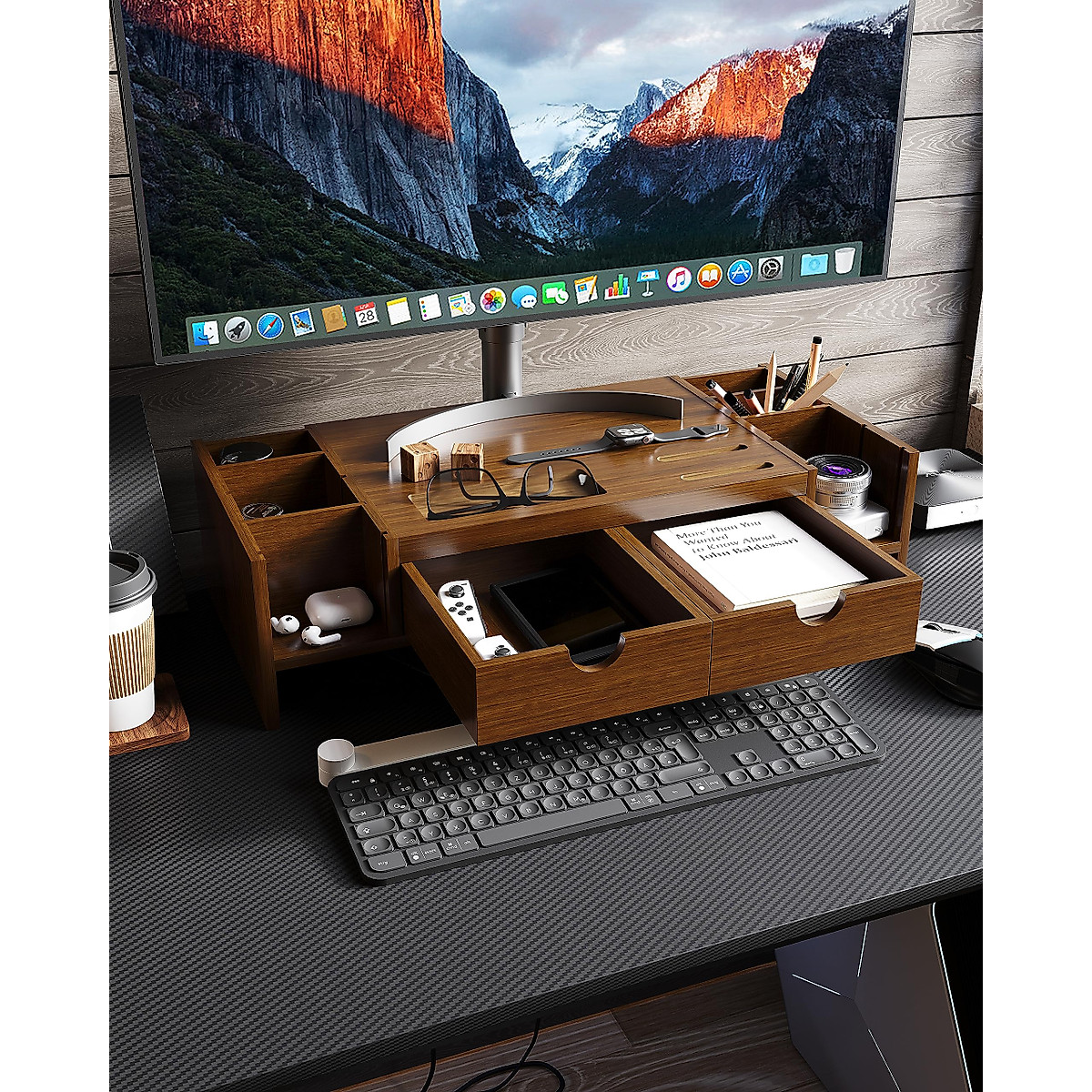 Crestlive Products Monitor Stand Riser, Bamboo Computer Desk Organizer with Adjustable Storage Drawers Laptop Cellphone TV Printer Stand, Antique Brown