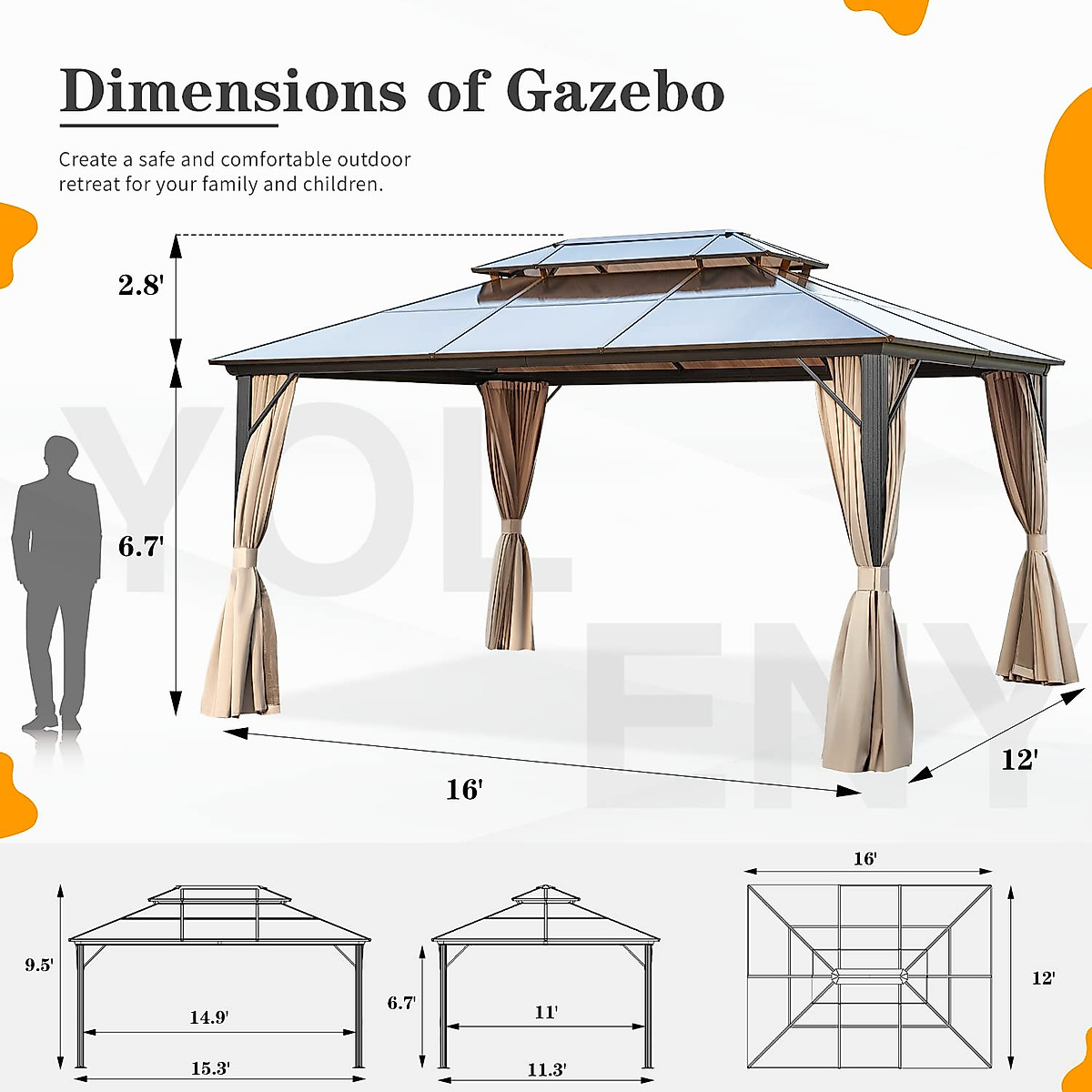 YOLENY 12'x16' Hardtop Gazebo, Outdoor Polycarbonate Double Roof Canopy, Aluminum Frame Permanent Pavilion with Curtains and Netting, Sunshade for Garden, Patio, Lawns
