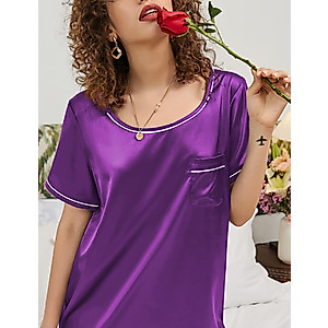 Ekouaer Women Satin Night Dress Silk Cozy Pajama Shirt Scoop Neck Nightshirt Short Sleeve Nightwear for Shower Purple Medium