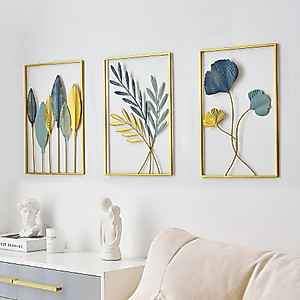 FUNTEREST Gold Leaf Wall Decor Modern Wall Art Home Decor, Set of 3 Metal Wall Hanging Decoration for Living Room Office Bedroom Hotel