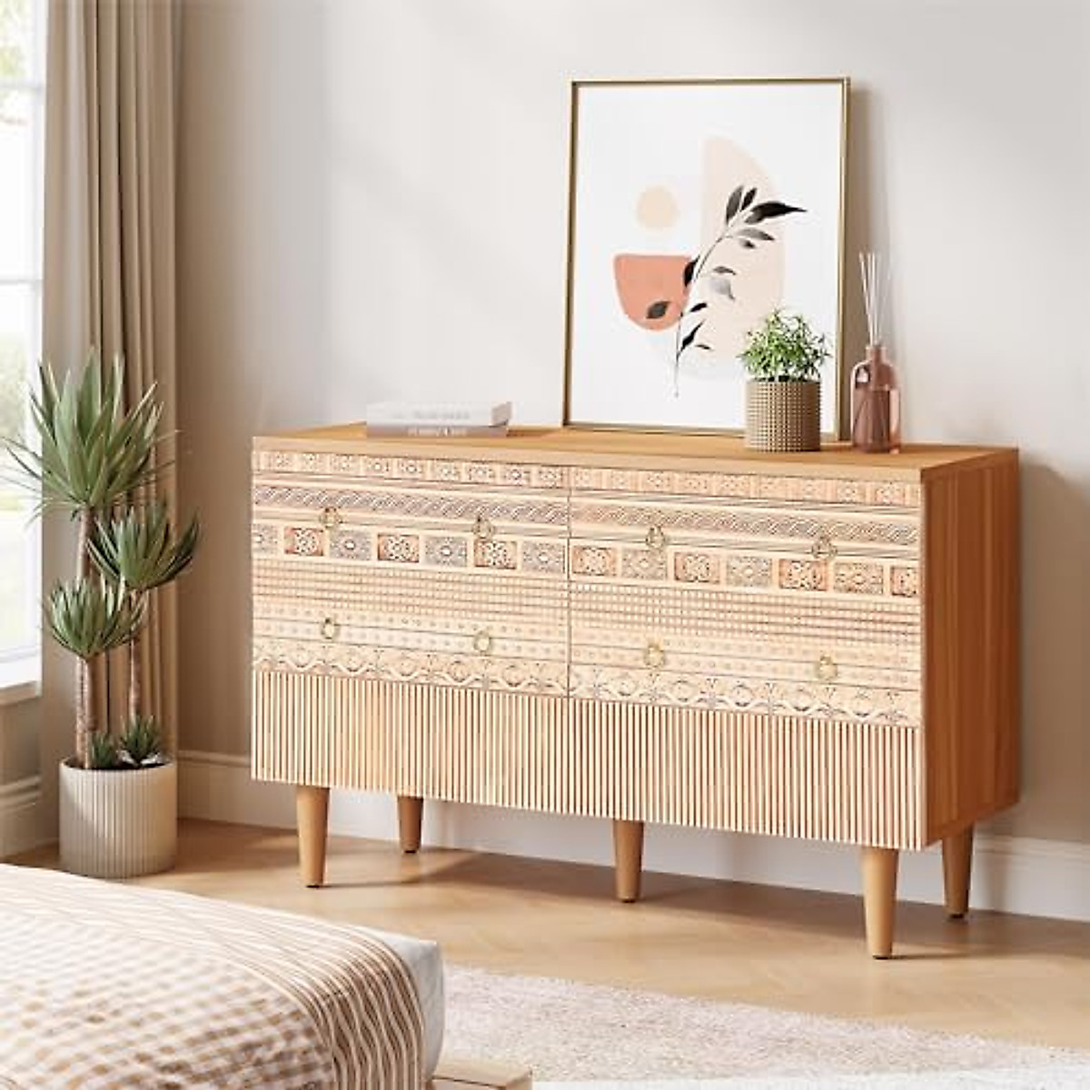 Tribesigns 6-Drawer Dresser, 47-Inch Boho Accent Dresser with 6 Carved Drawers, Double Wide Chest of Drawers, Wooden Dresser Cabinet with Metal Ring Pulls & Legs for Living Room, Bedroom, Oak