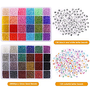Quefe 38000pcs 2mm 12/0 Glass Seed Beads Kit for Jewelry Making ,48 Colors Bracelet Beads with Letter Beads Bulk, Neutral Gold Colors Waist Beads for DIY Craft Making Supplies