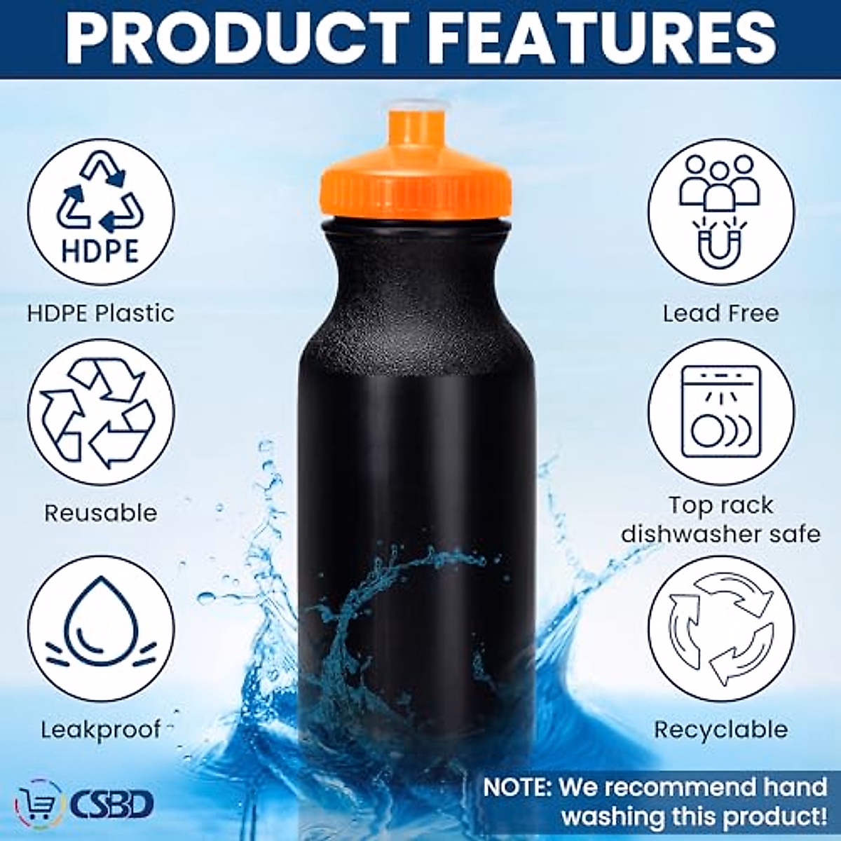 CSBD 20 oz. Bulk Water Bottles, Made in USA, Blank Plastic Reusable Water Bottles for Gym, Cycling, BPA Free, Plastic Water Bottles Pull Top Cap for Sports, Black Bottle/Neon Orange Lid - 10 Pack