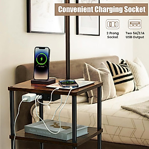 Hitish Floor Lamp with Table, Rustic End Table Lamp with USB Charging Port, Power Outlet & Shelves, Side Table Reading Light with Adjustable Color Temperatures & Brightness for Bedroom, Living Room