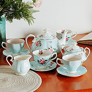 BTaT- Floral Tea Set, Tea cups (8oz), Tea Pot (38oz), Creamer and Sugar Set, Gift box, China Tea Set, Tea Sets for Women, Tea Cups and Saucer Set, Tea Set for Adults, 4 Tea Cups Set