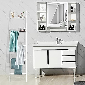 Babion Blanket Ladder, 5-Tier Ladder Shelf, Ladder Bookshelf, Wood Blanket Ladder, Wall Leaning Wooden Towel Blanket Ladder Storage Rack for Bathroom, White