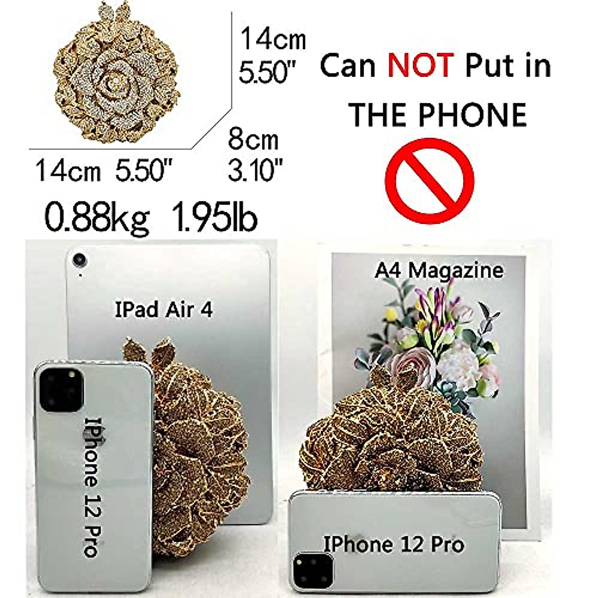 Boutique De FGG Round Shape Rose Flower Crystal Clutch Purses for Women Formal Evening Bags Wedding Party Handbags (Small,Gold&Silver)