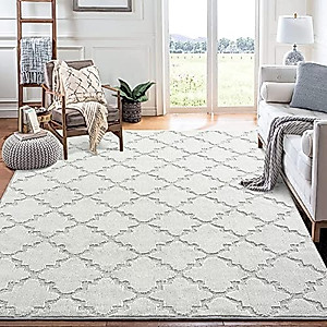 JOLENE.K Shag Rugs 8x10 for Bedroom, Indoor Modern Fluffy Carpet Shaggy Mat Ultra Soft Plush Geometric Rug Moroccan Floorcover Non Slip Thick Boho Rugs Living Room Dining Room Office, Ivory Beige Grey