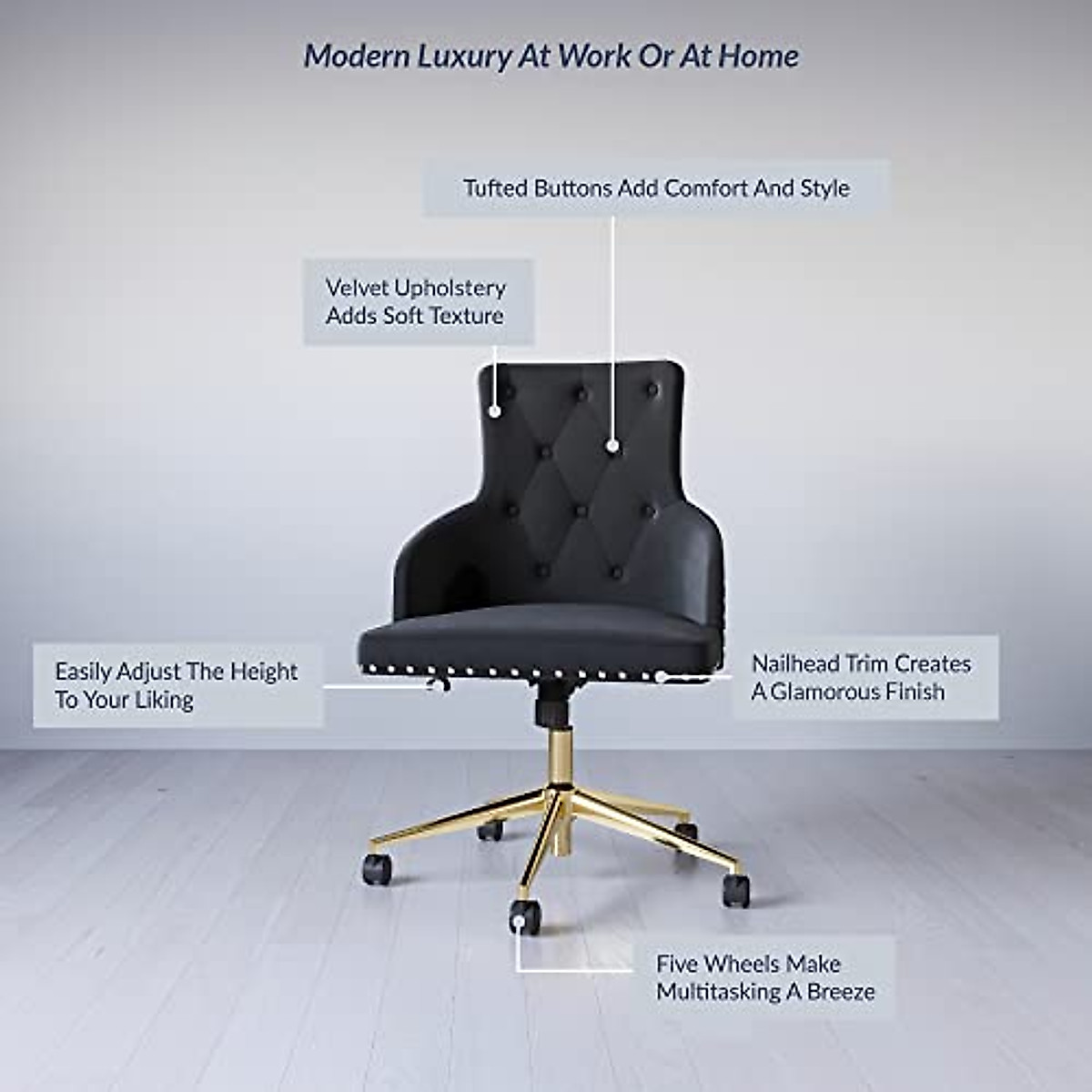 BELLEZE Modern Velvet Desk Chair for Home Office or Bedroom Vanity, Tufted Upholstered Seat with Slim Arms, Adjustable Height, Swivel, Wheels - Belden (Black)
