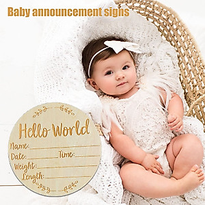 joaoxoko Hello Horld Newborn Sign，5.9 Inch Round Wooden Baby Announcement Sign for Newborn Boys and Girls，Welcome Baby Sign for Hospital Photo Prop Gift (Leaf)