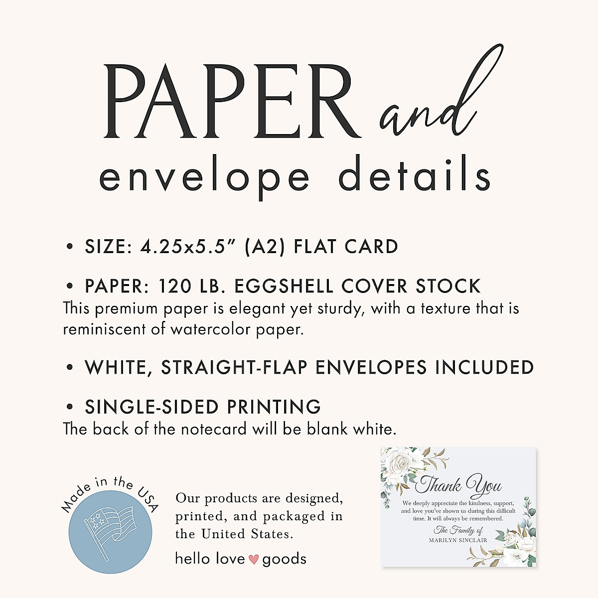 Hello Love Goods White Floral Sympathy Thank You Cards, Funeral Thank You Cards, Personalized Bereavement Notes with Envelopes, 5.5x4.25 Flat Notecards