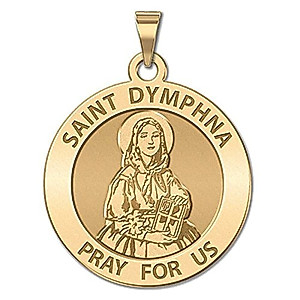 PicturesOnGold.com Saint Dymphna Round Religious Medal - Solid 14k Yellow Gold - 2/3 x 2/3 Inch, Medal With Engraving