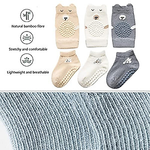 ISANPAN Unisex Baby Crawling Knee Pads and Socks Set, Baby knee Pads (3Pair) Toddler Socks with Grippers (3Pair) Handy to Protect Knees and Prevent Baby Slipping(6-12Months)