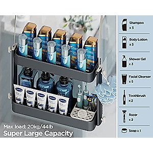 ADOVEL Shower Caddy Hanging, 2 in 1 Shower Caddy Over Shower Head/ Door, Sturdy Bathroom Shelf Organizer with Adjustable Height, Never Rust, No Drilling, 4 Suction Cups (Grey)