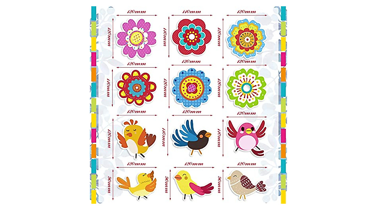 120 Piece Classroom Decor Set - Colorful Bird & Flower Cutouts