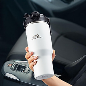 POPOACTI Insulated Tumbler,34 oz Stainless Steel Water Bottle, BPA-Free, Double-Walled Vacuum, Flip Straw for Travel, Keeps Drinks Hot & Cold for 12 Hours,For Travel, Gym & Office (White)