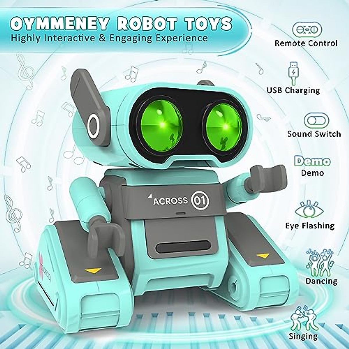 OYMMENEY Robot Toys, Remote Control Robot Toy for Kids, Rechargeable RC Robot with Auto-Demonstration, Flexible Head & Arms, Dance Moves, Music, Shining LED Eyes, Girls Boys Toys Birthday