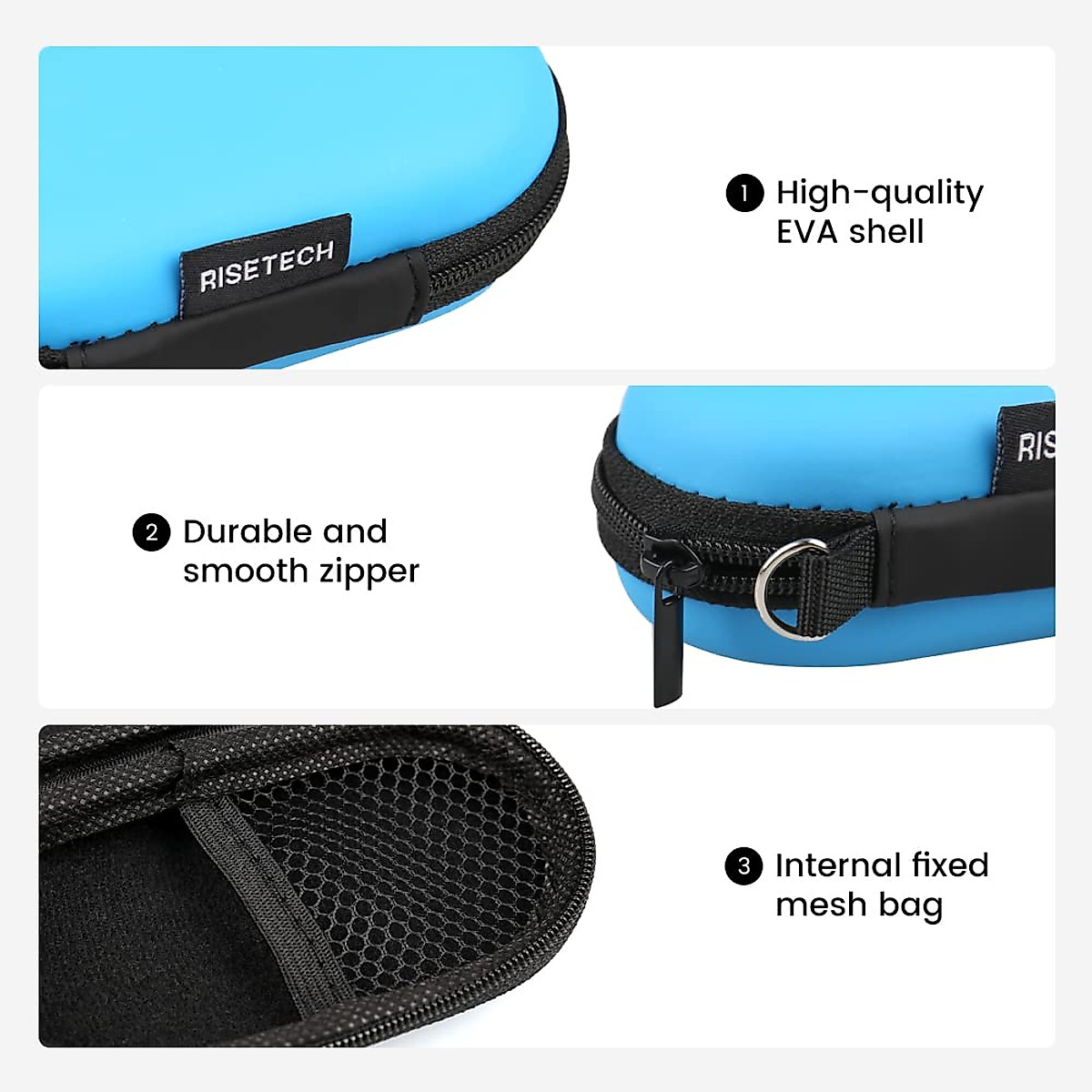 Earbud Case, RISETECH Earphone Carrying Case Holder EVA Headphone Storage Bag Small Zipper Pouch Compatible for EarPods, AirPods, Beats Flex, Urbeats3, Bose Wireless Earbuds, USB Cable, with Clip-Blue