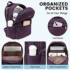 LOVEVOOK Travel Laptop Backpack for Women Quilted Fashion Work Backpack Purse 15.6 Inch Airline Approved Large Teacher Nurse Bag with USB Port Anti Theft Laptop Backpack for Business College,Purple