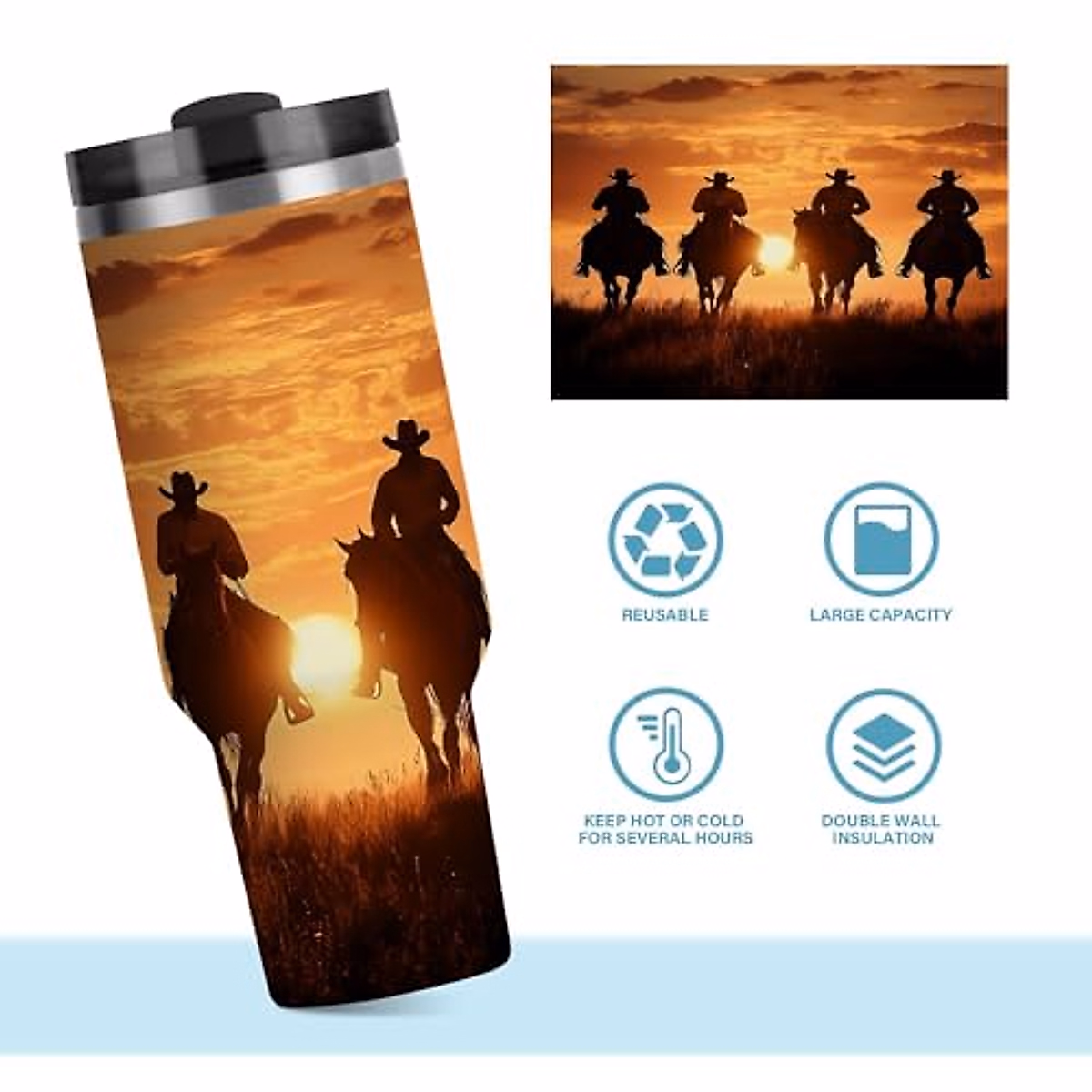 Flradish 30oz Tumbler with Handle, Desert Troops Cowboy under Sunset Stainless Steel Tumbler with Lid and Straws Double Wall Vacuum Insulated Leakproof Coffee Travel Mug