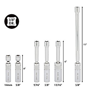 EMENTOL 6PCS 3/8" Drive Magnetic Swivel Spark Plug Socket Set, 12 Point, CR-V, Extension Sockets, Includes 9/16-inch, 5/8-inch, 13/16-inch, 14mm Sockets