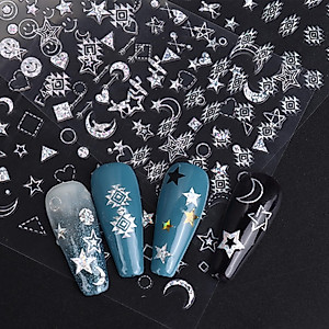 JMEOWIO 9 Sheets Moon Star Nail Art Stickers Decals Self-Adhesive Pegatinas Uñas Gold Silver Black Nail Supplies Nail Art Design Decoration Accessories