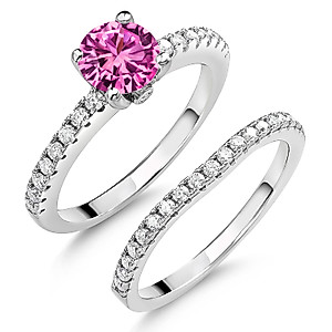 925 Sterling Silver Pink Created Sapphire and White Moissanite Wedding Engagement Band Bridal Set Ring For Women (1.49 Cttw, Gemstone September Birthstone, Available In Size 5, 6, 7, 8, 9)