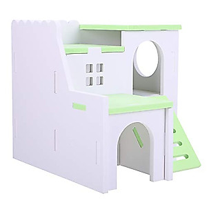 TEHAUX Wooden Hamster House- Double Layers Small Pet Playground with Slide, Hamster Hideout Hut Play Toys for Dwarf Hamster, Mouse, Rat and Other Small Animals (Green)