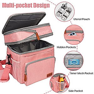 Insulated Lunch Bag for Women Men, Expandable Dual Compartment Lunch Bag with Utensil Pouch, Adult Large Lunch Box for Work, Leakproof Lunch Cooler Bag with Shoulder Strap for Picnic Beach