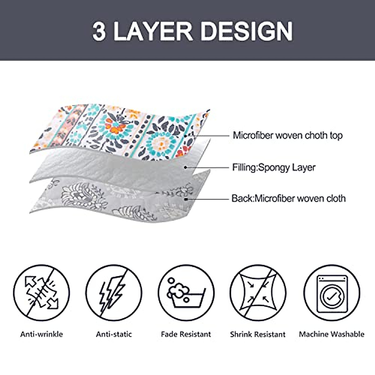 DREAMCLOUD HOME Bohemian Quilt Set Full Queen Size 3 Piece, Cosima Striped Pattern Printed Bedding Coverlet Set, Lightweight Soft Reversible Bedspread Sets for All Season (1 Quilt & 2 Pillow Shams)