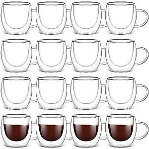 Gerrii Double Wall Insulated Coffee Mugs with Handle Glass Tea Cups Glasses Espresso Mugs Clear Glass Coffee Cups Latte Cappuccino Beer Glasses Mug (15 Pcs, 2.5 oz)