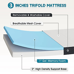 PIKAQTOP Tri-Fold Memory Foam Mattress Topper - Portable 3 Inch Queen Size Folding Mattress for Camping, Guest, and Floor RV - Washable Cover, Non-Slip Bottom - CertiPUR-US Certified