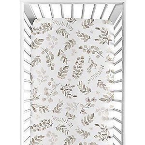 Sweet Jojo Designs Floral Leaf Boy or Girl Fitted Crib Sheet Baby or Toddler Bed Nursery - Gender Neutral Beige Taupe White Gender Neutral Boho Watercolor Botanical Flower Woodland Tropical Garden