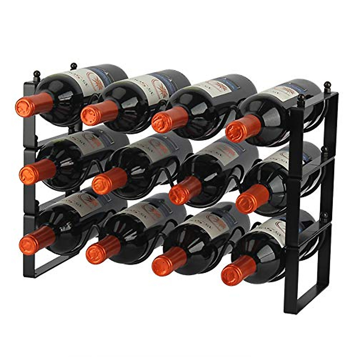 DreamiDeco 3 Tier Stackable Wine Rack, Countertop Cabinet Wine Holder Storage Shelf Free Standing Bottles Holder Organizer - Hold 12 Bottles for Kitchen Pantry Cabinet Bar (Metal, Black)