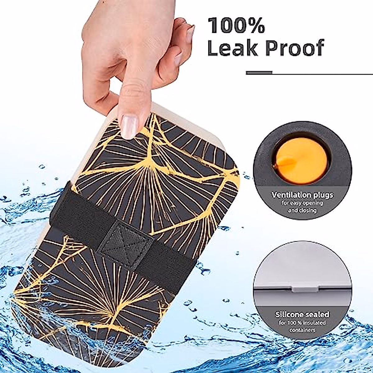 Golden Leaf Adult Lunch Box, Bento Box, With Cutlery Set Of 3, 2 Compartments, Rectangular, Lunch Box For Adults