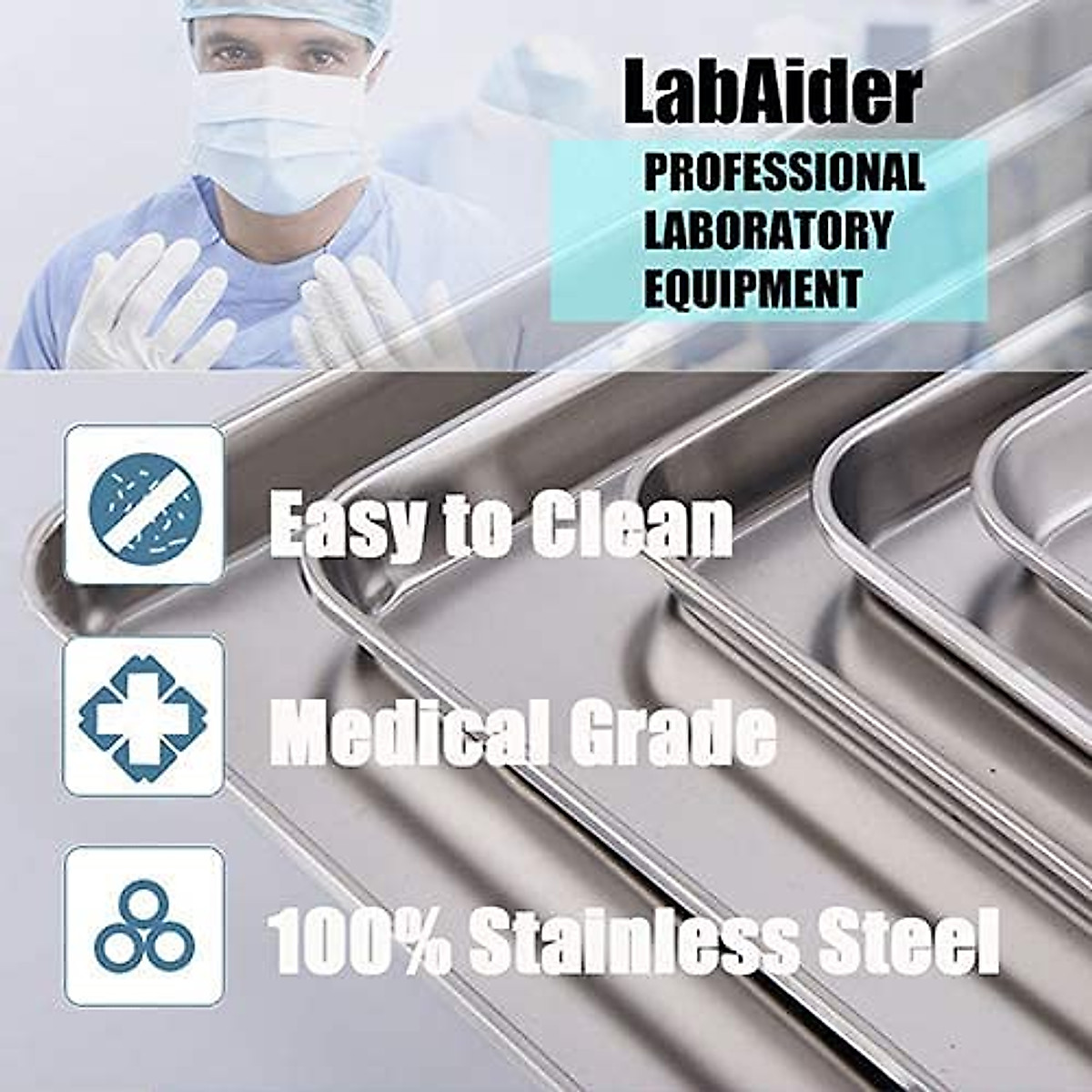 2 Pack Large and 3 Pack Small Trays Professional Medical Surgical Stainless Steel Tray Non Toxic Heavy Duty Thickening Pan for Kitchen Baking, Lab Instrument, Dental, Medical Surgical Instrument, Pet