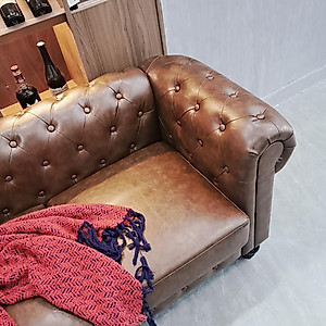 Lunanniu 88.2 Inch Classic Chesterfield Style PU Leather Sofa Rolled Arms Couch with Tufted Back Solid Wood Legs 3-Seater Couch for Living Room Elegant and Timeless Design Comfortable Seating Brown