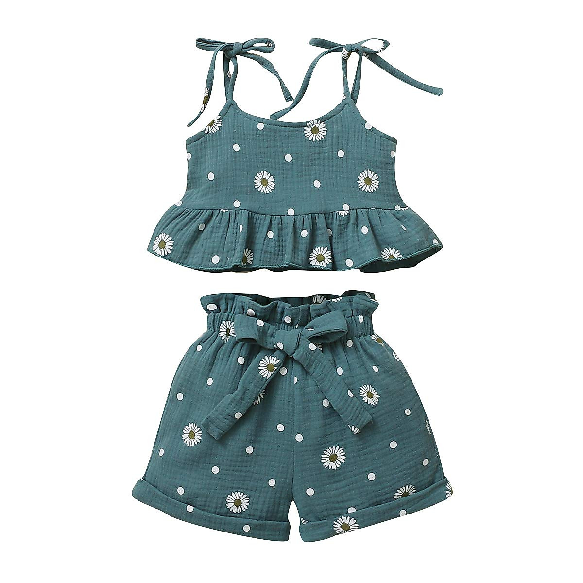 Jeinxcn Toddler Baby Girl Summer Clothes Daisy Floral Print Halter Ruffle Tank Tops Shorts Outfits set 2-3T Green
